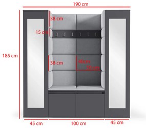 Eka Předsíňová stěna s čalouněnými panely Trinity 31 - Dub Artisan s černou / Tmavá šedá 2315