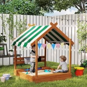 Outsunny Pískoviště s ochranou proti slunečnímu záření, design domečku na hraní, se sadou hraček, opracované masivní dřevo, 124 x 116 x 146 cm, zelen…