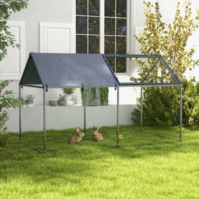 PawHut Malá Kotec pro Hlodavce s Ocelovou Konstrukcí, 1 Vrchními Dveřmi a 1 Fólií proti UV, pro Venkovní Zahradu 198x100x120 cm Stříbrná