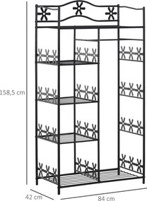 HOMCOM Šatní skříň pro dospělé s 5 policemi, oblečení a šatní tyčí, 84L x 42W x 159H cm, kovová černá s 2 bílými závěsy