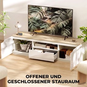 HOMCOM TV nízká komoda, vysoký lesk, pro televizi až 65'', 3 přihrádky, zásuvka, 160 x 38 x 43 cm, přírodní dřevo