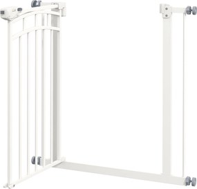 PawHut Rozšiřitelná bezpečnostní brána pro psy 74-80 cm, dvojité zamykání, automatické zavírání, tlaková montáž pro schody, výška 76 cm, bílá