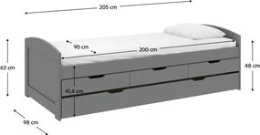 Postel s výsuvnou přistýlkou, 90x200, šedá, masiv, MARINELLA NEW Kondela 0000357994