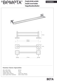 Bemeta Design BETA: Držák ručníků, 600 mm, dvojitý -