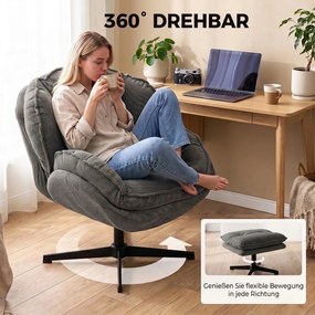 HOMCOM Křeslo s nastavitelným podnožníkem, otočné o 360°, čalounění z chenillu, silné polstrování, šedé