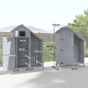 Outsunny odolná zahradní úložná skříň ze smrkového dřeva s asfaltovou střechou a policemi, šedá — 129 × 51,5 × 180 cm