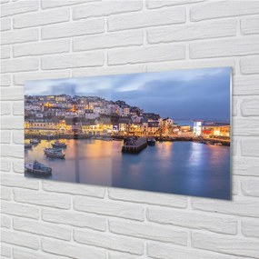 akrylový obraz Město noční moře loď 140x70 cm