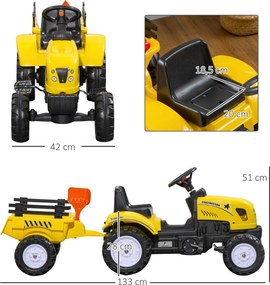 HOMCOM Pedálový Traktor s Přívěsem - Pedálové Auto pro Děti od 3 Let do Zahrady, Železný Žlutý 133 x 42 x 51 cm