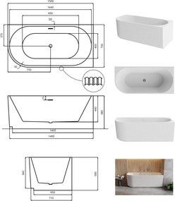 Besco Denaya vana asymetrická volně stojící 150 x 75 cm pravá sifon s přepadem zlatá barva černá bílá VANDENA150BWPZ
