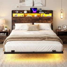 Costway Postel s nabíjecí stanicí a LED osvětlením, čelo s úložným prostorem
