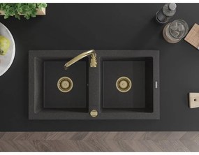 Mexen Mario, granitový dřez 820x436x161 mm, 2-komorový, černá skvrnitá se zlatým sifonem, 6504822000-76-G