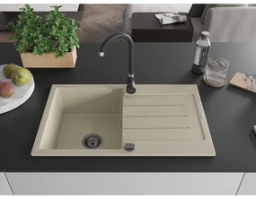 Mexen Bruno, 1-komorový granitový dřez s odkapávačem 795x495x200 mm a černá kuchyňská baterie Telma, béžová, 6513-69-670200-70