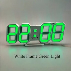 3D LED nástěnné nebo stolní digitální hodiny Barva: zelená, Varianta: bílý rámeček