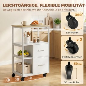 HOMCOM Kuchyňský vozík na kolečkách se 2 zásuvkami, otevřeným úložným prostorem a 2 zajištovacími kolečky, bílá