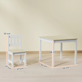 AIYAPLAY dětský stolek se židlemi, set stůl a 2 židle ze dřeva na kreslení, hraní a učení, 56x52x48 cm, přírodní dřevo