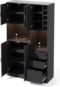 Vysoká kuchyňská skříň s vinotékou, LED a zásuvkami, černá