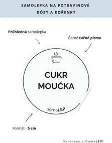 Samolepka na dózu CUKR MOUČKA – průhledná, 5 cm, tučné písmo