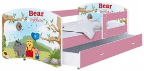 Dětská postel LUKI se šuplíkem RŮŽOVÁ 160x80 cm vzor MEDVÍDEK A KAMARÁDI