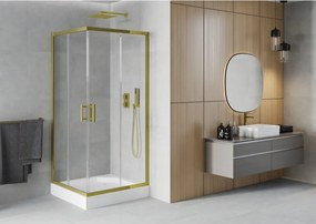 Mexen Rio, čtvercový sprchový kout s posuvnými dveřmi 90 (dveře) x 90 (dveře) x 190 cm, 5mm čiré sklo, zlatý profil + bílá sprchová vanička RIO, 860-090-090-50-00-4510