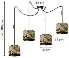 Závěsné svítidlo WERONA SPIDER 1, 4x černé/zlaté textilní stínítko se vzorem