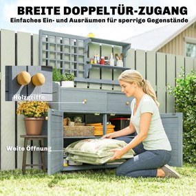 Outsunny světle šedý zahradní stůl na přesazování se skříňkou a pozinkovanou pracovní deskou, 2 zásuvky — 104 x 44 x 140 cm