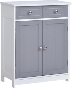 Kleankin Úložný Kabinet, Koupelnový Kabinet, Skříň s 2 Dveřmi a 2 Zásuvkami - 60 x 30 x 75 cm - Šedá a Bílá