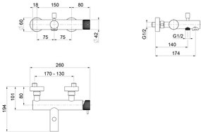 Sapho Ultrasan vanová baterie nástěnná 150 mm černá matná chrom UT010VBC