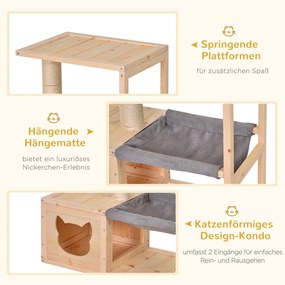 PawHut Kočičí Dům s Houpací Síťkou, Kočičí Box se Sisalovým Sloupkem, Kočičí Jeskyně, Kočičí Strom, Kočičí Aktivity Centrum, Borovicové Dřevo, Přiroz…