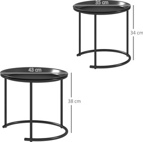 HOMCOM Sada 2 konferenčních stolků, kulatý odkládací stolek, stohovatelný stolek do obývacího pokoje, ložnice, předsíně, ocel, Ø43/35 cm, černý