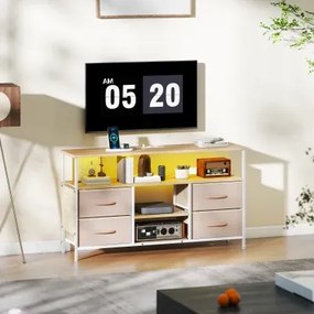HOMCOM TV nábytek s LED světlem a zásuvkami USB, otevřené police, 4 skládací zásuvky, 120x30x67,5 cm, béžová a bílá