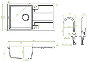 Laveo Barbados, 1-komorový granitový dřez 760x440x194 mm + dřezová baterie Granit 8, šedá, LAV-SBBA511T