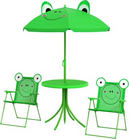 Zahradní set Outsunny pro děti – stůl a židle na piknik, skládací set pro děti se nastavitelným deštníkem 100-125 cm, design žabky, zelený