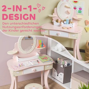 AIYAPLAY Dětský toaletní stolek, židle, zásuvka, odnímatelné zrcadlo, dětský psací stůl se 7 doplňky, provedení 2 v 1, MDF, růžová barva