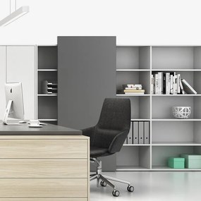 Kancelářský regál s posuvným panelem BLOCK, 1600 x 400 x 1748 mm, dub přírodní/grafitová