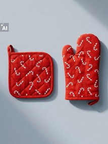 Sinsay - Kuchyňská chňapka a podložka pod hrnec s motivem cukrových hůlek - červená