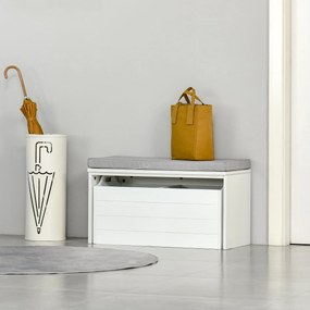 HOMCOM Úložná Lavice s Šedým Polštářem - Botník - Botníková Lavice s Velkým Dvoukompartmentním Zásuvkovým Prostorem - Bílý MDF