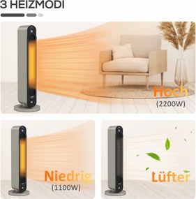 HOMCOM Elektrické topení, 3 režimy, 12hodinový časovač, LED displej, oscilační funkce