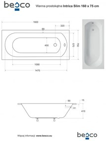 BESCO Obdélníková vana INTRICA SLIM Nožičky k vaně - S nožičkami, Rozměr vany - 160 × 75 cm VANINTRICA160SL+OLVPINOZ