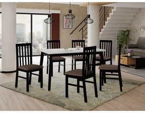 Rozkládací jídelní stůl se 6 židlemi AL16, Barva dřeva: bílá, Potah: Soro 28, Barvy nožiček: černá