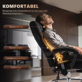Masážní kancelářské křeslo Vinsetto s vyhříváním — ergonomické, polohovatelné, s nastavitelnou výškou, kabelovým ovládáním, výsuvnou podnožkou a 360°…