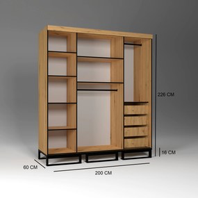 ARK Šatní skříň OSKAR, Dub Votan/Černá 200 cm