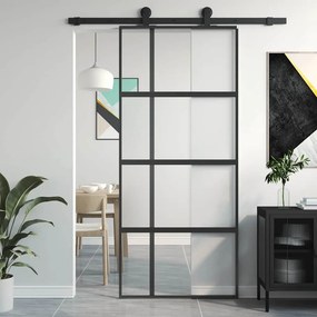 Posuvné dveře černé 90 x 205 cm tvrzené sklo a hliník 155229