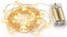 LED světýlka na baterie, hvězdičky, 3,4 m, teple bílá, 40 diod, měděná barva drátku, IP20 interiér, 3 × AA