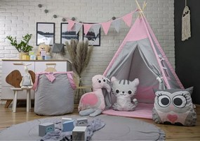 Dětský stan TEEPEE (TÝPÍ) ANIMALS s doplňky - PLAMEŇÁK A KAMARÁDI - šedý/růžový