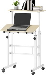 HOMCOM stojací‑sedací stůl 60×60 cm – výškově nastavitelný, s kolečky, naklápěcí deska stolu, kovový rám, přírodní