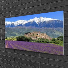Obraz na skle Louka Květiny Hory Krajina 120x60 cm