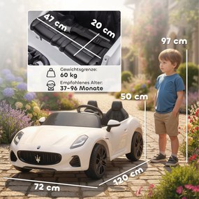 AIYAPLAY Dětské elektroauto Maserati, dvoumístné, 12V napájení z baterie, dálkové ovládání, LED světla, hudební funkce, bílé