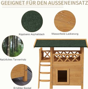 PawHut dvoupatrový domek pro kočky s asfaltovou střechou a balkonem, vila pro kočky z masivního dřeva se schody, přírodní, 77x50x73cm| Aosom