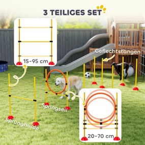 PawHut Agility Set pro psy - 3dílná výbava na agility pro výcvik psů, skokové překážky s nastavitelnými slalomovými tyčemi a kruhy pro koordinaci