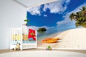 DIMEX | Samolepicí vliesová fototapeta na zeď Dva kajaky na pláži MA-5-3259 | 375 x 250 cm | zelená, modrá, bílá, krémová, oranžová